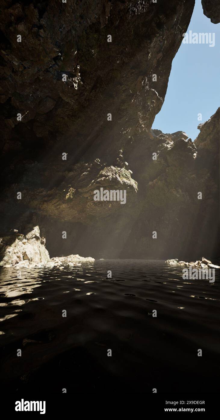 3D rendering of a cave with sunlight shining on the surface of the ...