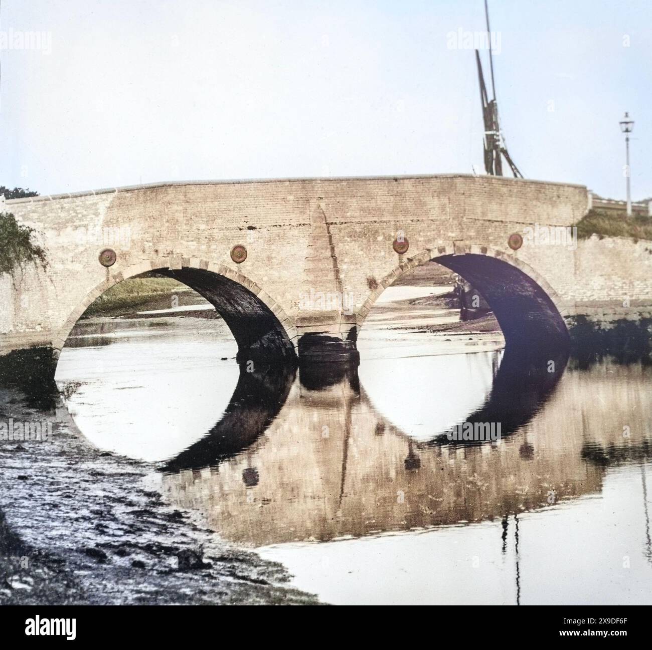 Colourised magic lantern slide of bridge crossing River Deben at ...