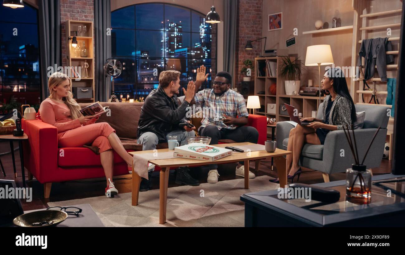 Television Sitcom: Four Diverse Friends Having Fun in the Living Room ...