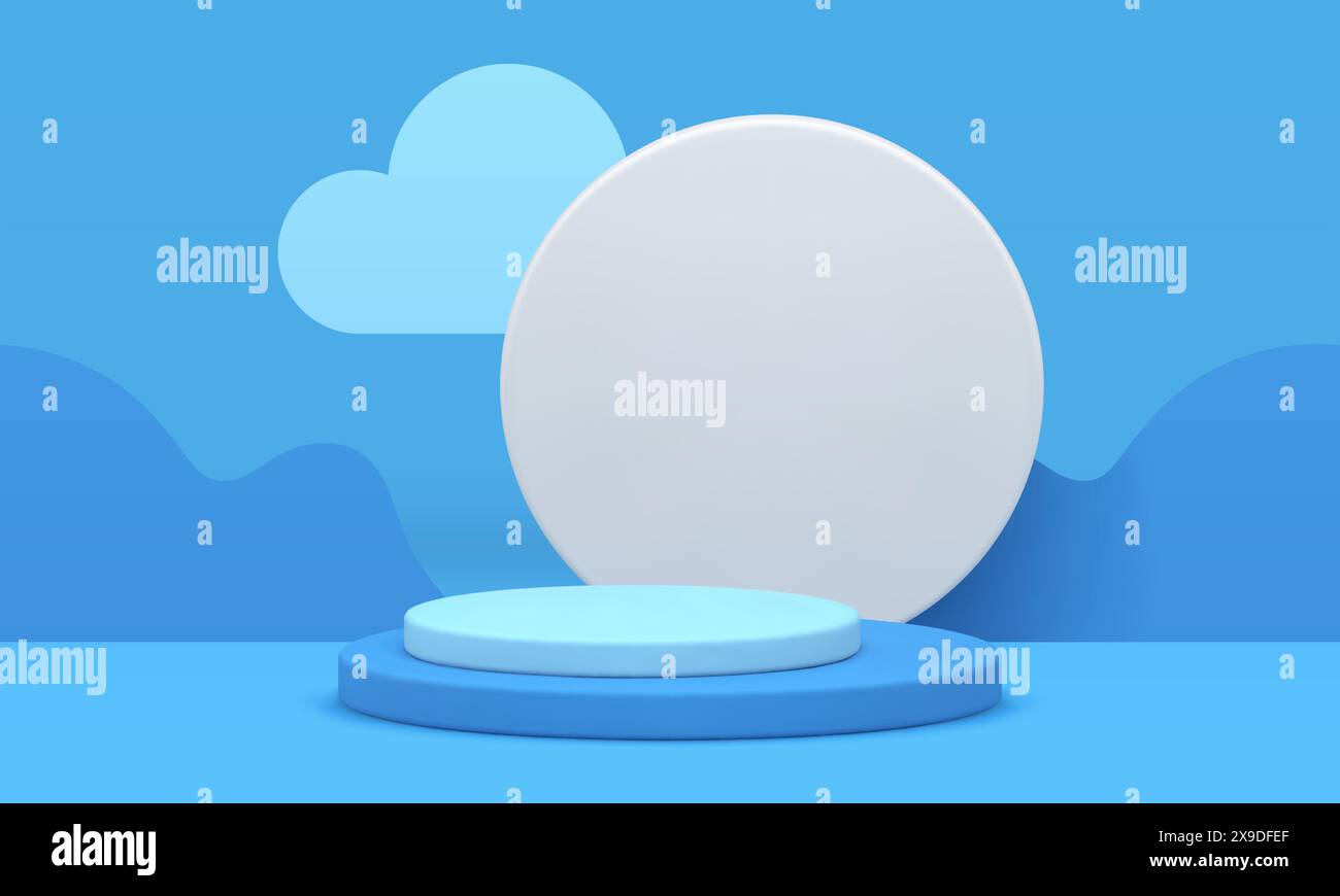 3d pedestal cylinder stage blue summer landscape with cloud and bushes ...