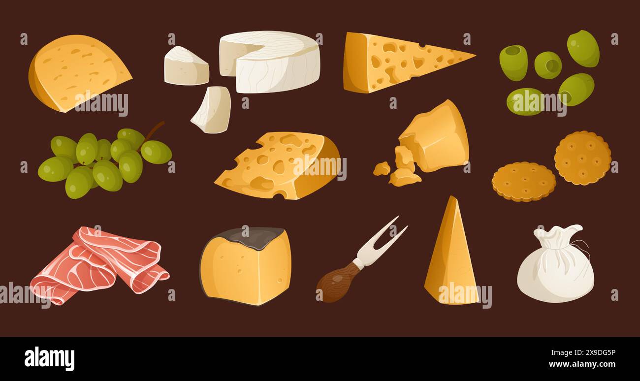 Big set of different types of cheeses and other appetizers and items ...