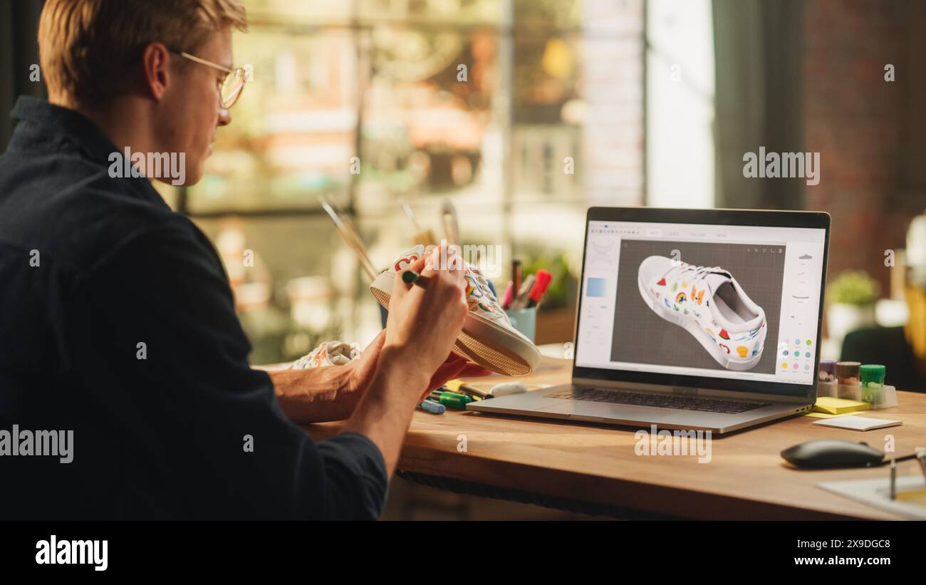 Inspired Blonde Man Creating Custom Made Model of Shoes and Looking at ...