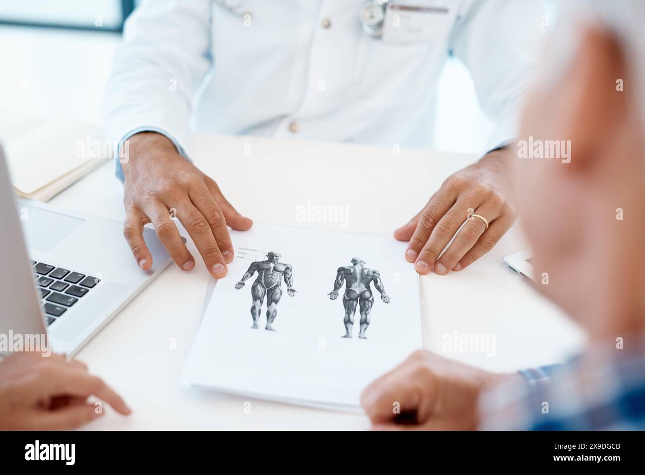 Doctor, hands and consulting with anatomy drawing in hospital for ...