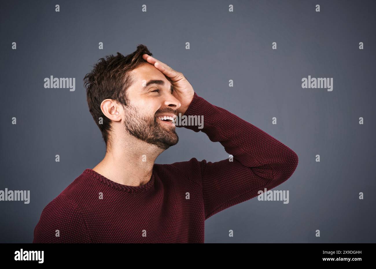 Why, thinking and man with ideas, decision and problem solving on grey ...