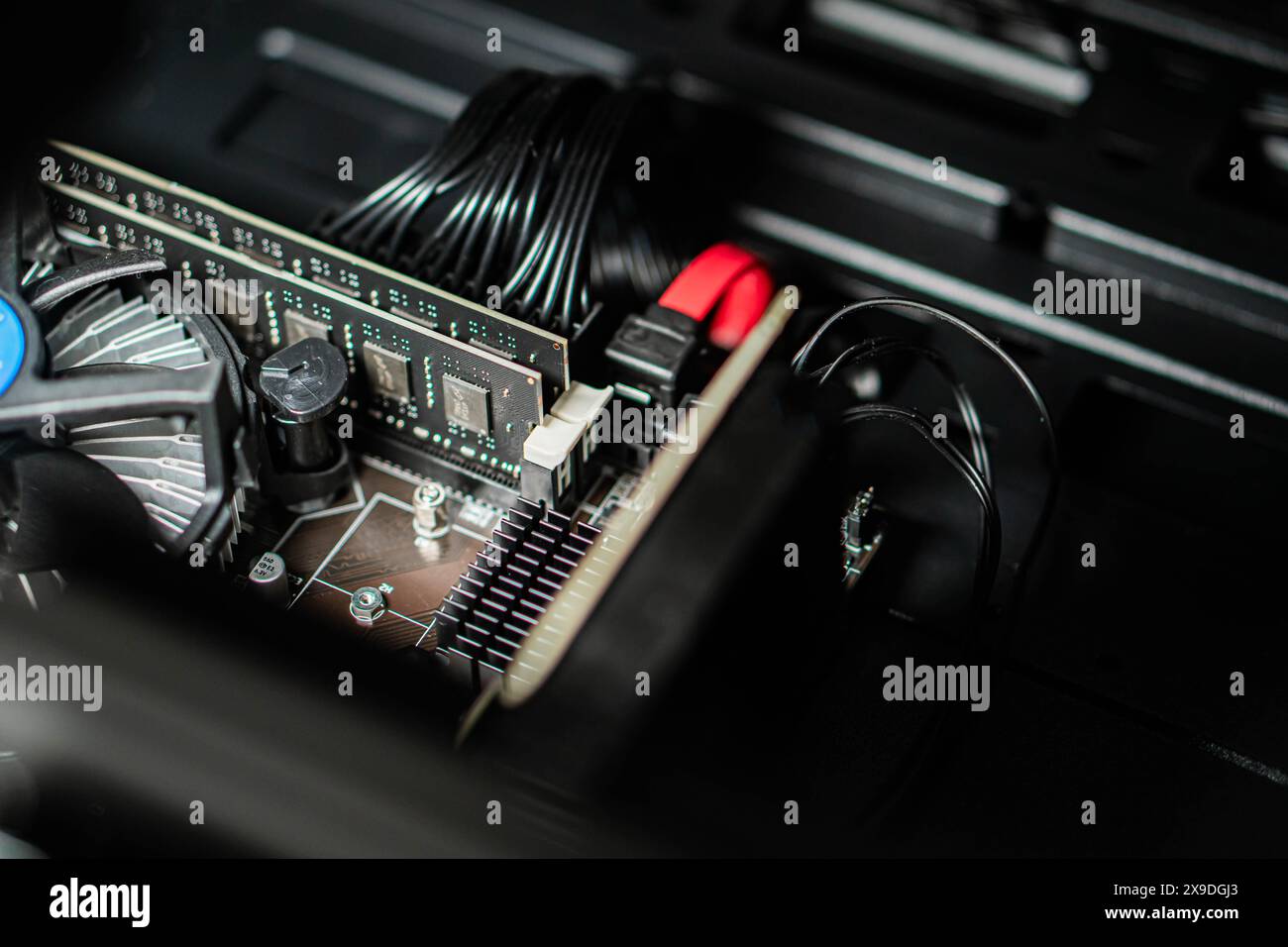 Close-up view of a computer's internal components, including a cooling ...