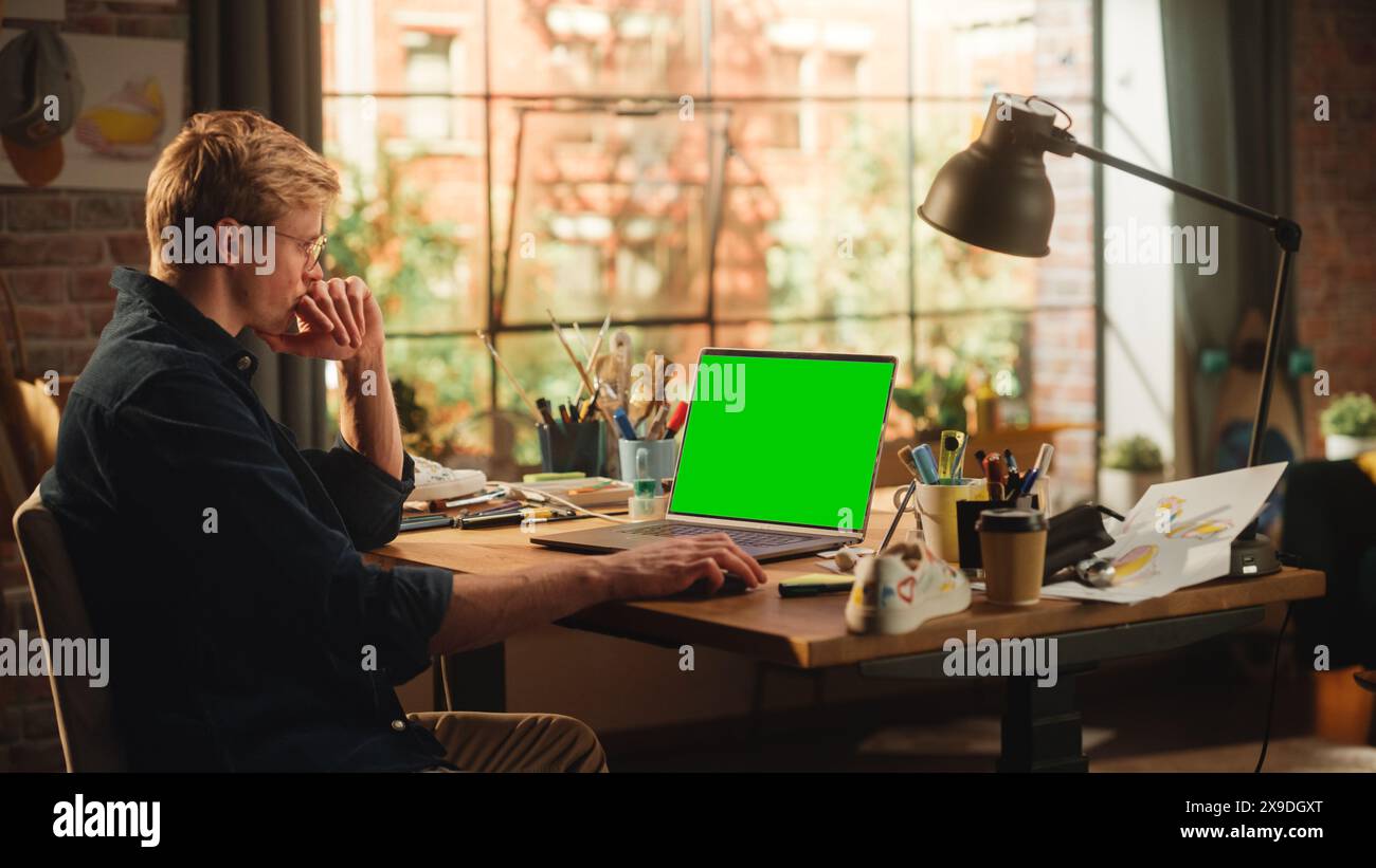Millennial Designer Office: Caucasian Male Artist Sitting at His Desk ...