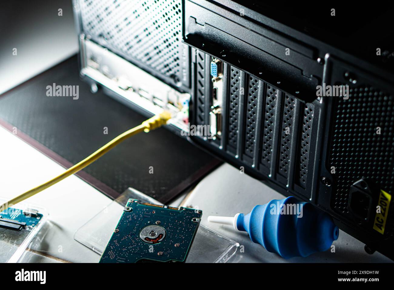 Close-up of a computer case with an open side panel, showing internal ...