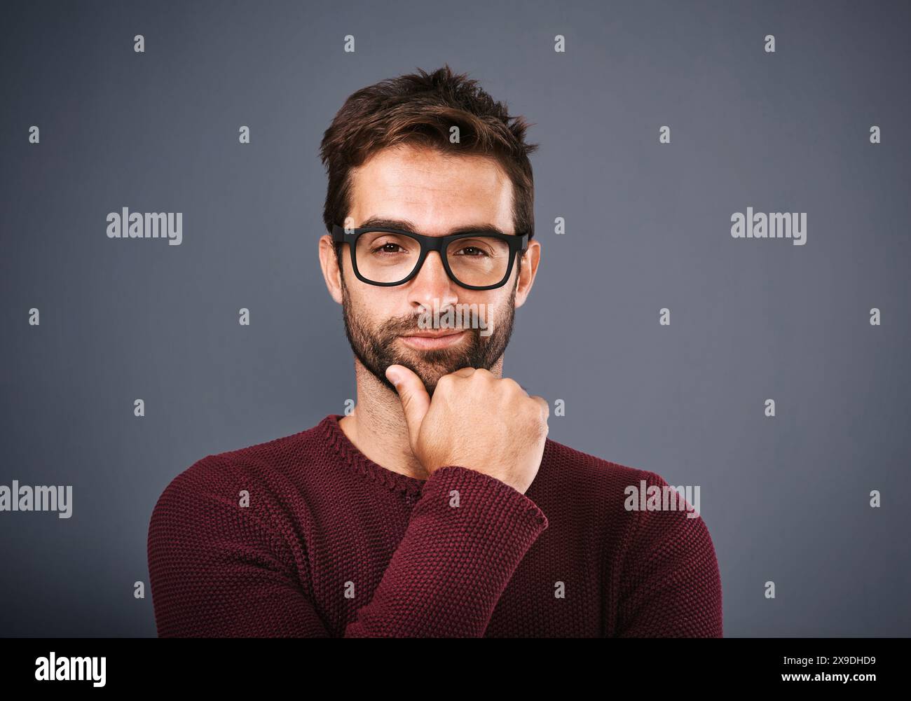 Studio, glasses and man with vision, portrait and wellness with eye ...