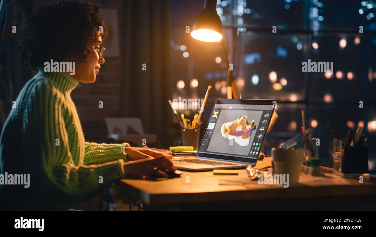 Latina Female Designer Working on Laptop, Screen Showing Editing ...