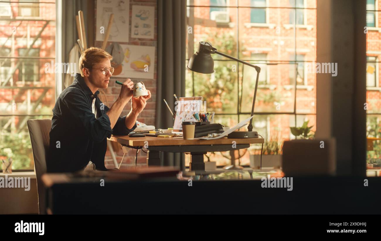 Young Male Artist Working on Custom Made Sneakers in Front of his ...