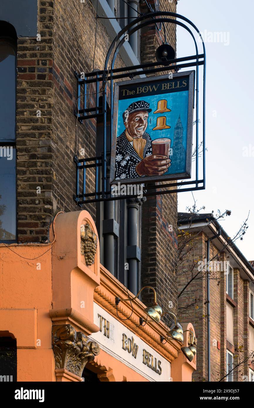 The Bow Bells pub sign, Bow, London Stock Photo - Alamy