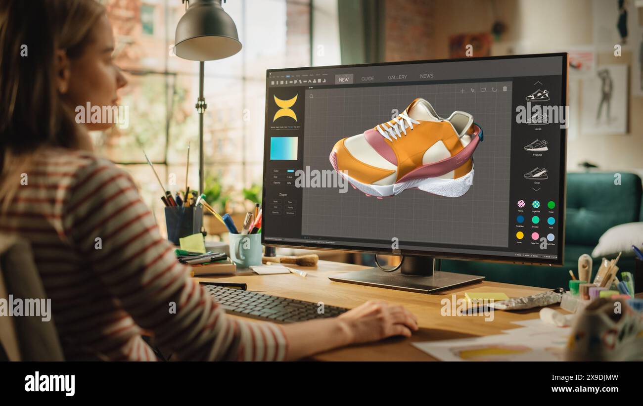 Teenage Female Footwear Designer Rotates 3d Model of Shoe and Changes ...