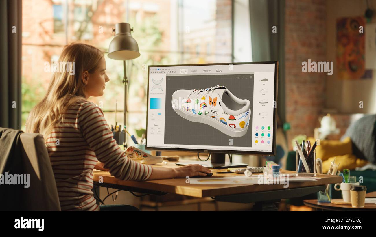 Blonde Teen Woman Creating and Rendering 3D Model of Unique Sneaker on ...