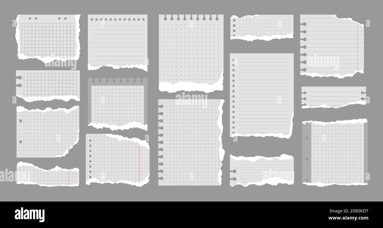 Set of various Torn Notebook Sheet. White and grey ripped paper notes ...