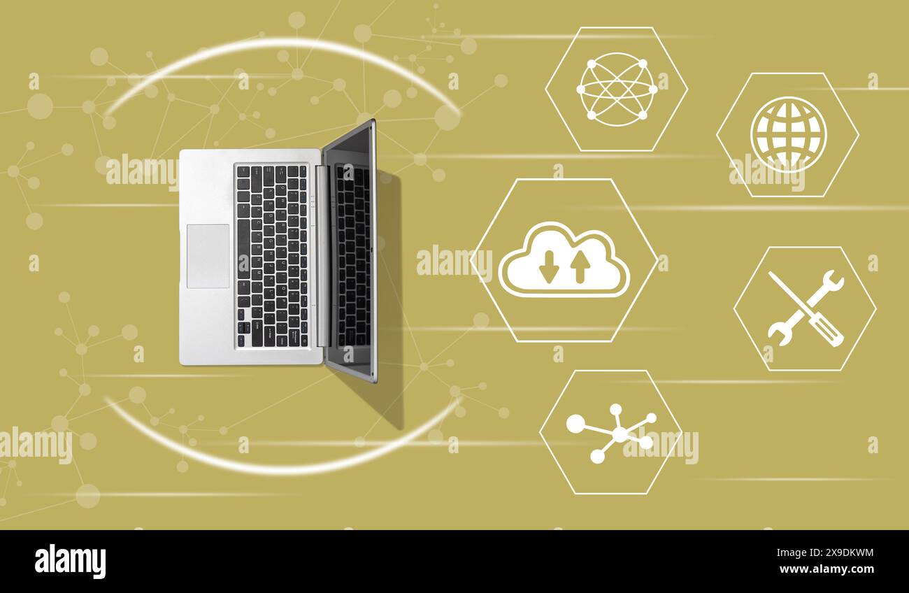 Top view of laptop with symbol of cloud networking concept Stock Photo ...