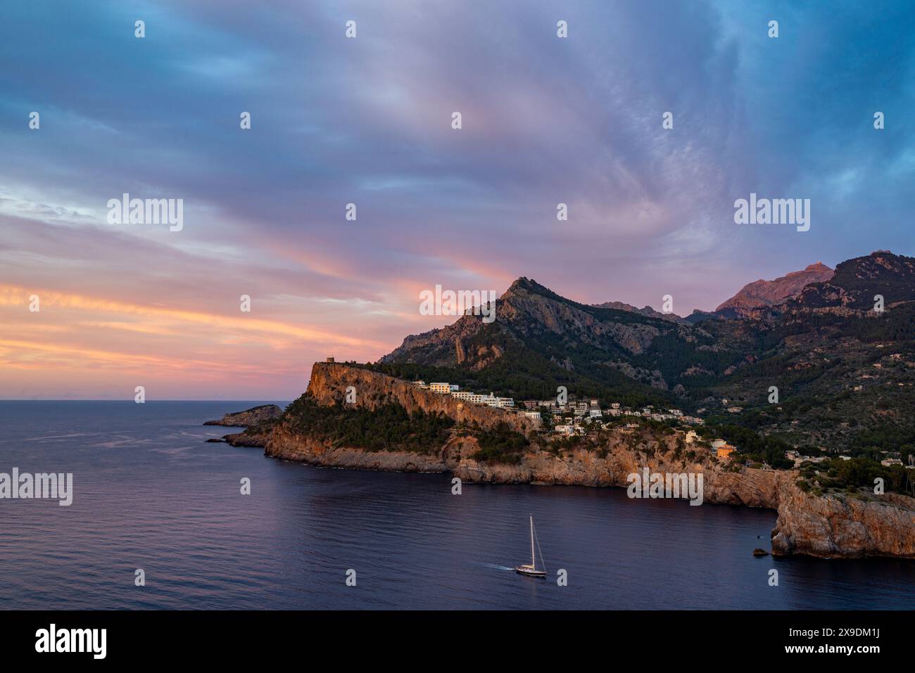 Cap de Sa Creu cape sunset view, Port de Soller, Sierra de Tramontana ...