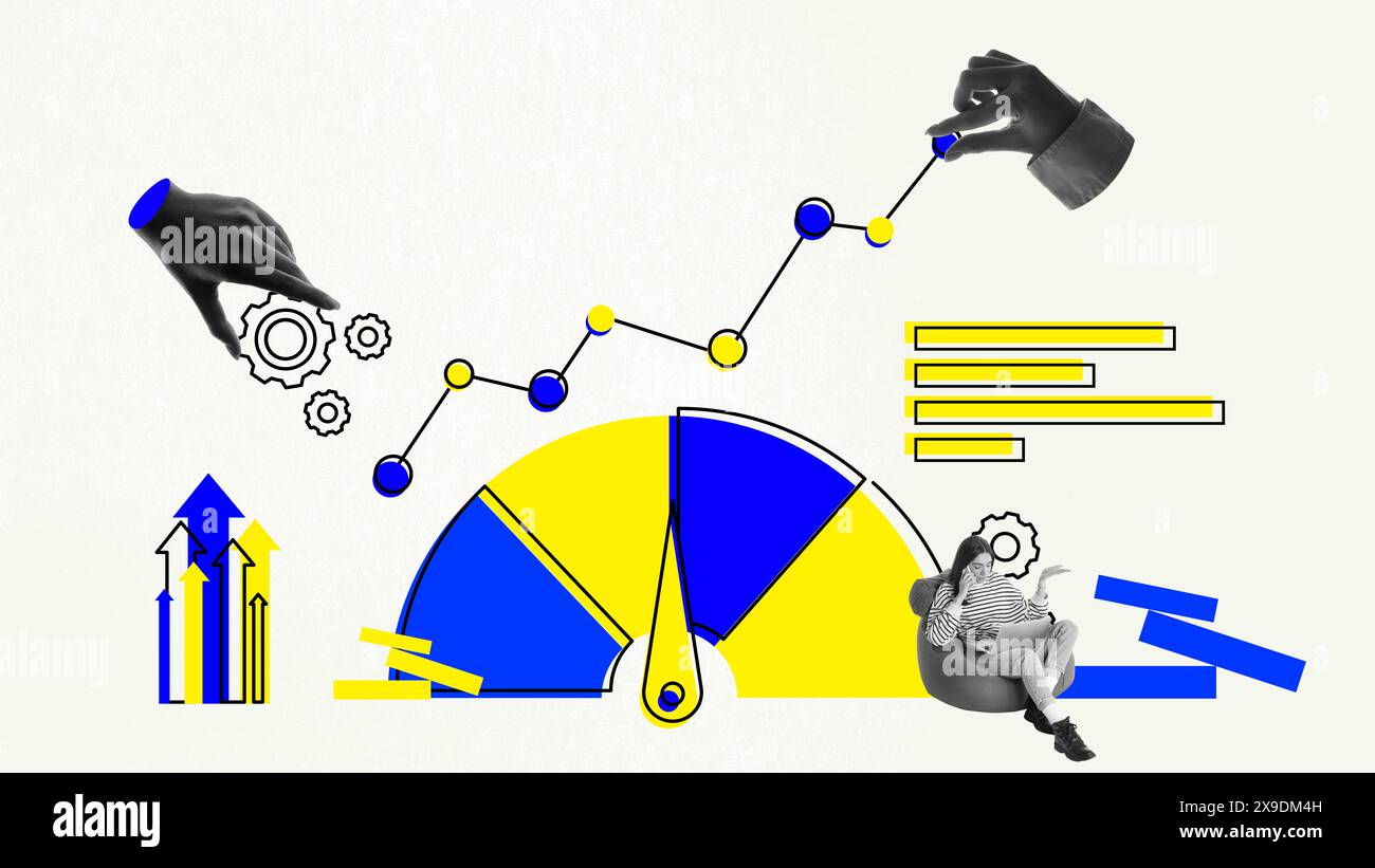 Dynamic business analysis, with woman engaged with gears and analytical ...