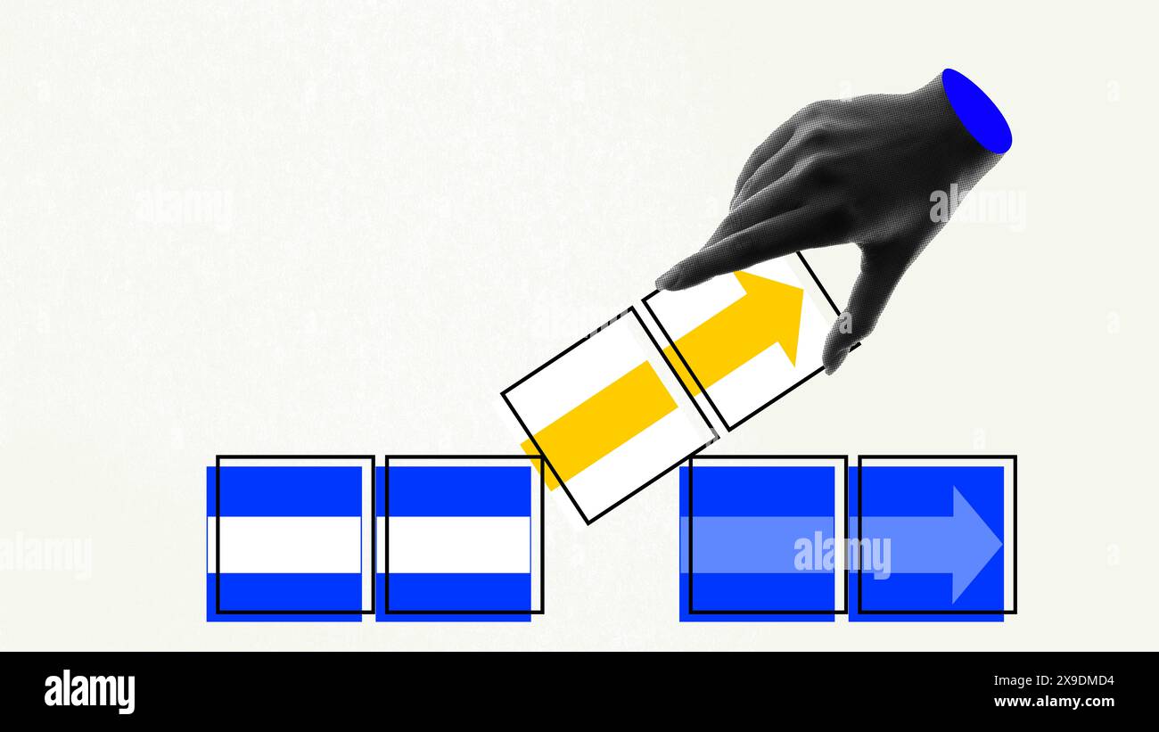 Changing direction of movements. Human hand replacing one block with ...