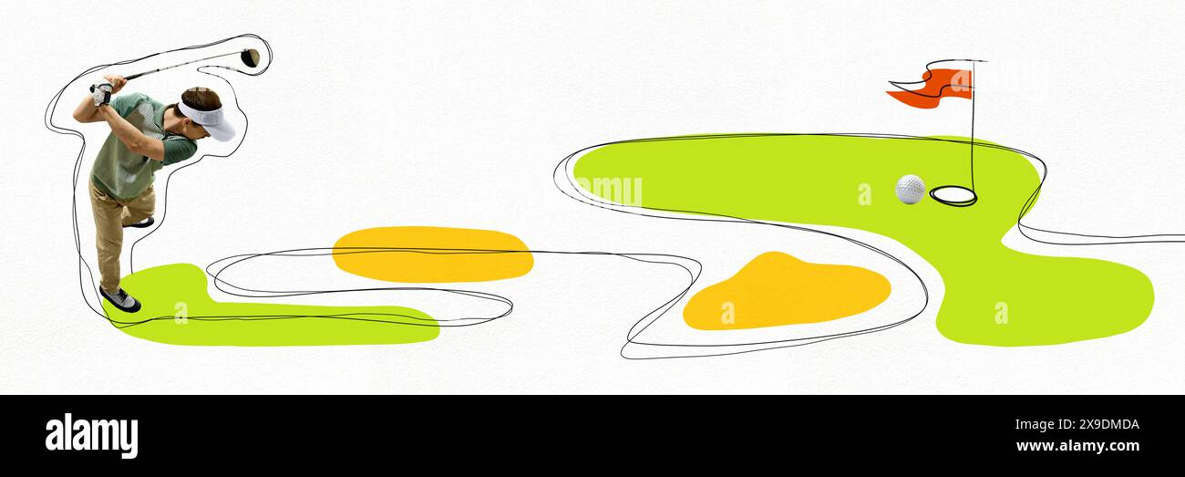 Banner. Contemporary art collage. Golfer swinging club, aiming towards ...