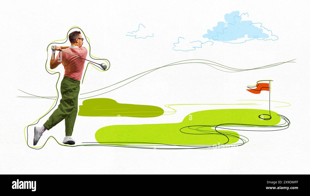 Poster. Contemporary art collage. Young man in retro attire, golfer ...