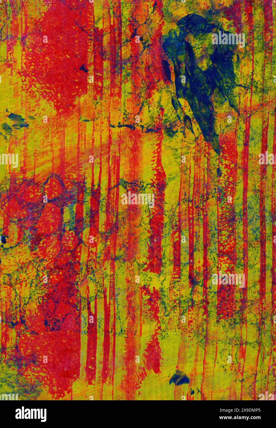 Colorful abstract art featuring bold red and yellow patterns with hints ...