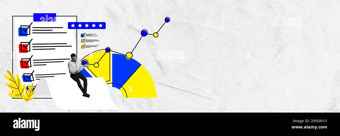 Businessman analyzing series of metrics illustrated by checklists, line ...