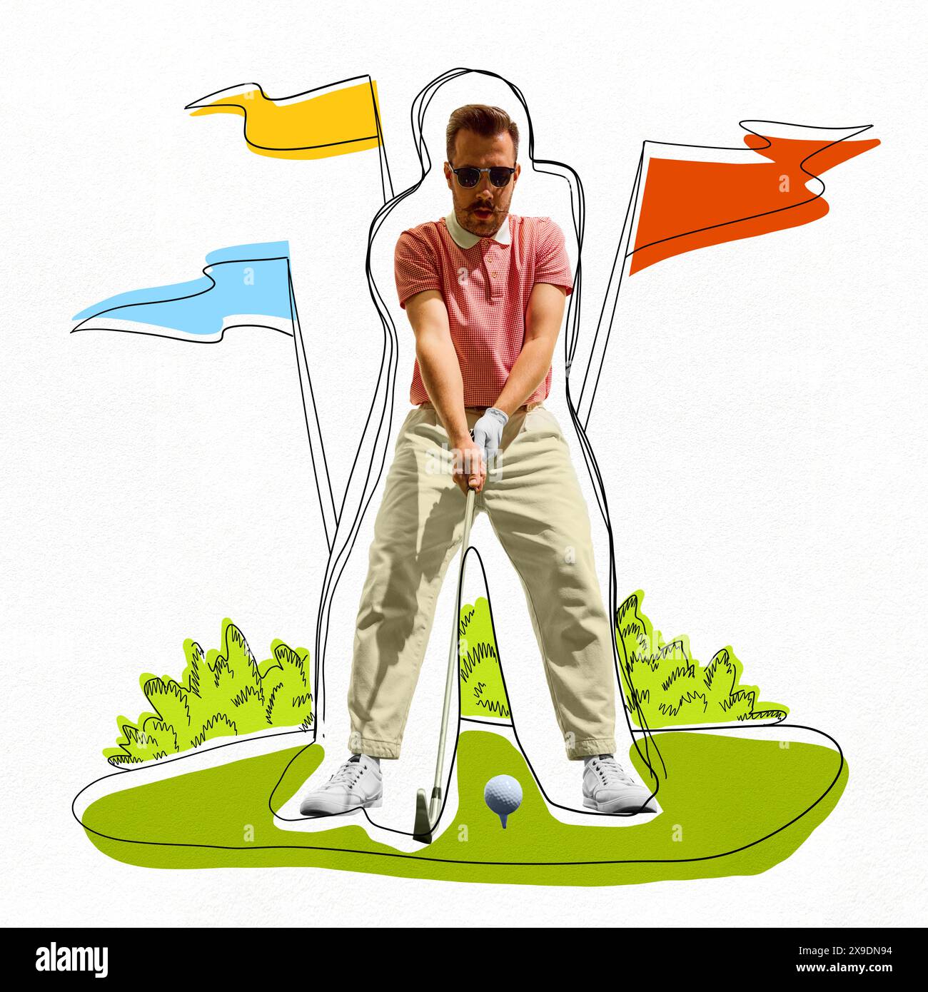Poster. Contemporary art collage. Golfer prepares to swing, standing on ...