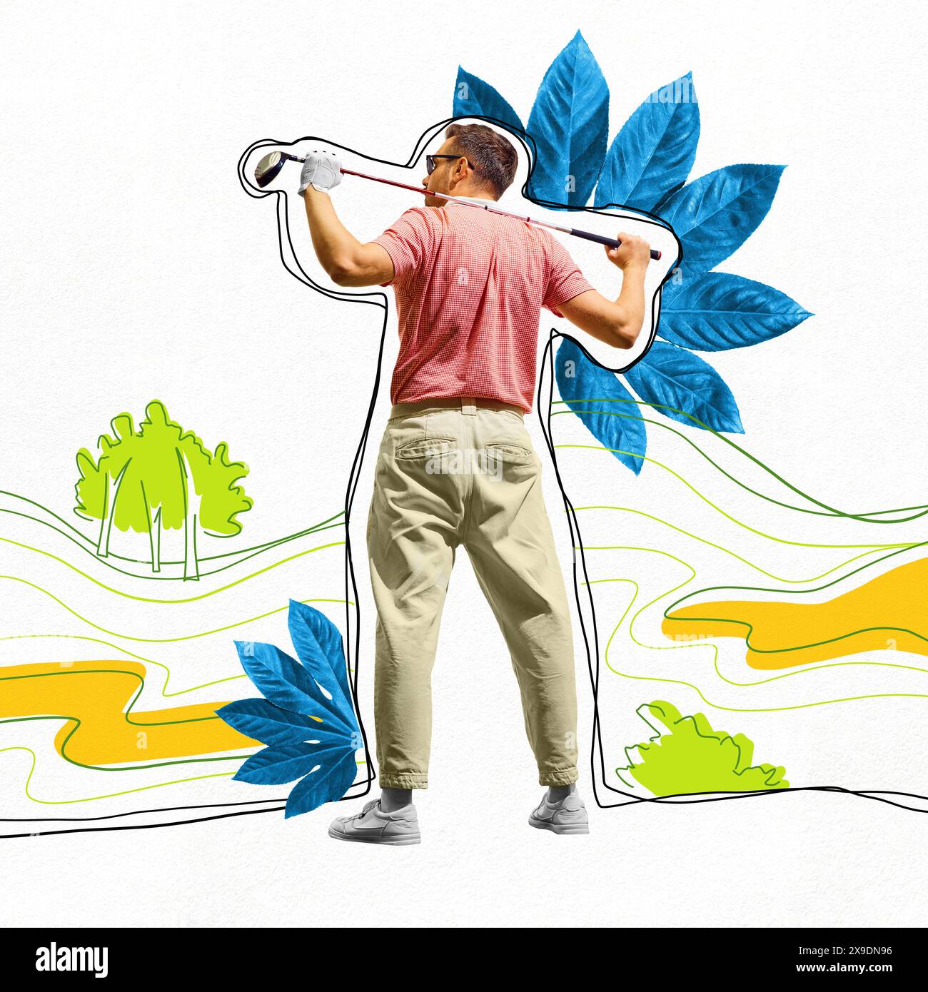 Poster. Contemporary art collage. Golfer posing confidently with golf ...