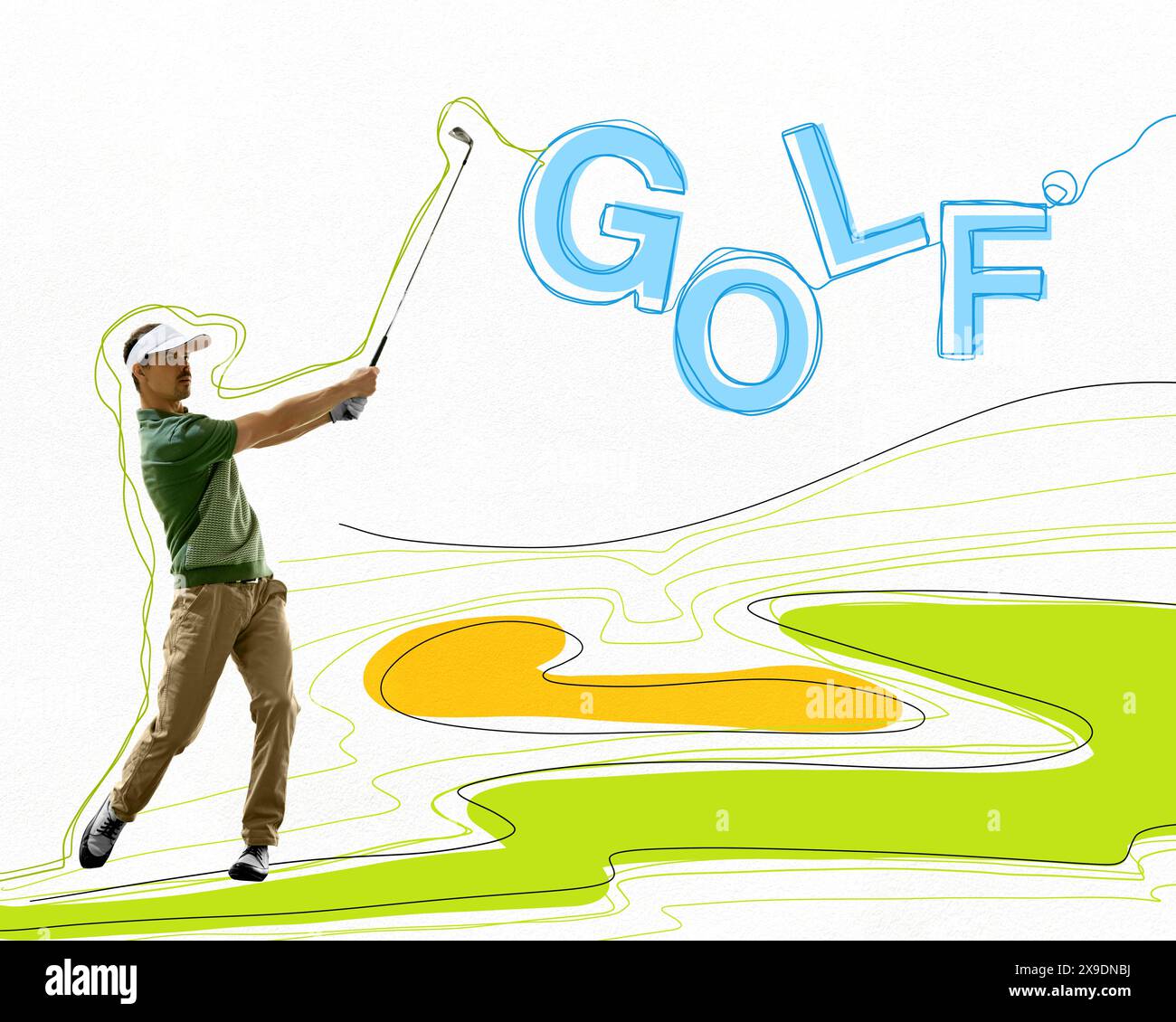 Poster. Contemporary art collage. Golfer swings his club, with word ...