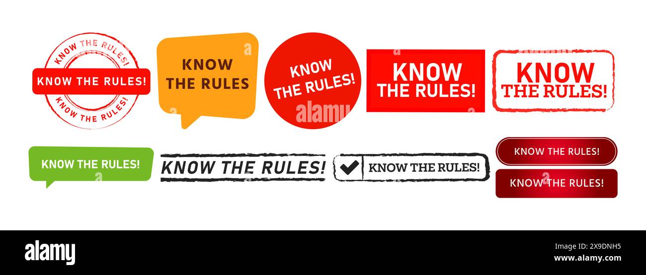 rubber stamp speech bubble and button know the rules sign for policy ...