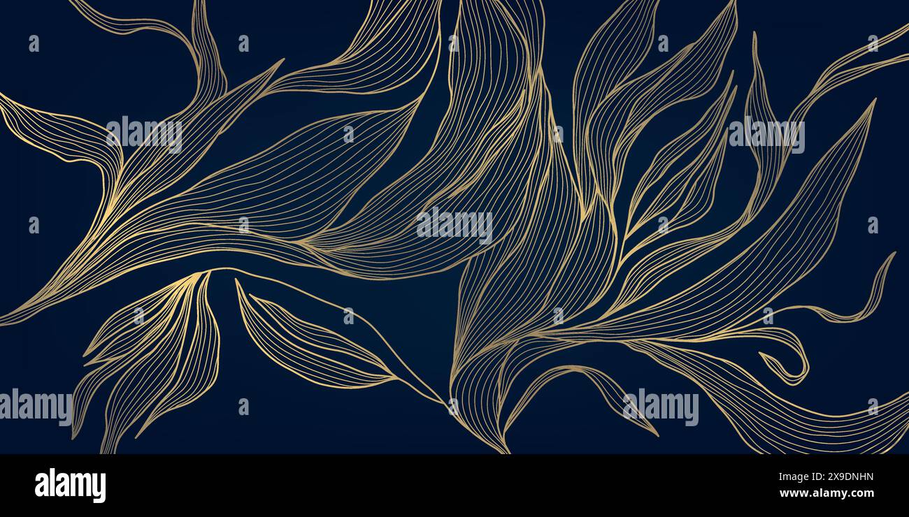 Vector linear golden leaves art deco pattern. Gold line elegant wavy ...