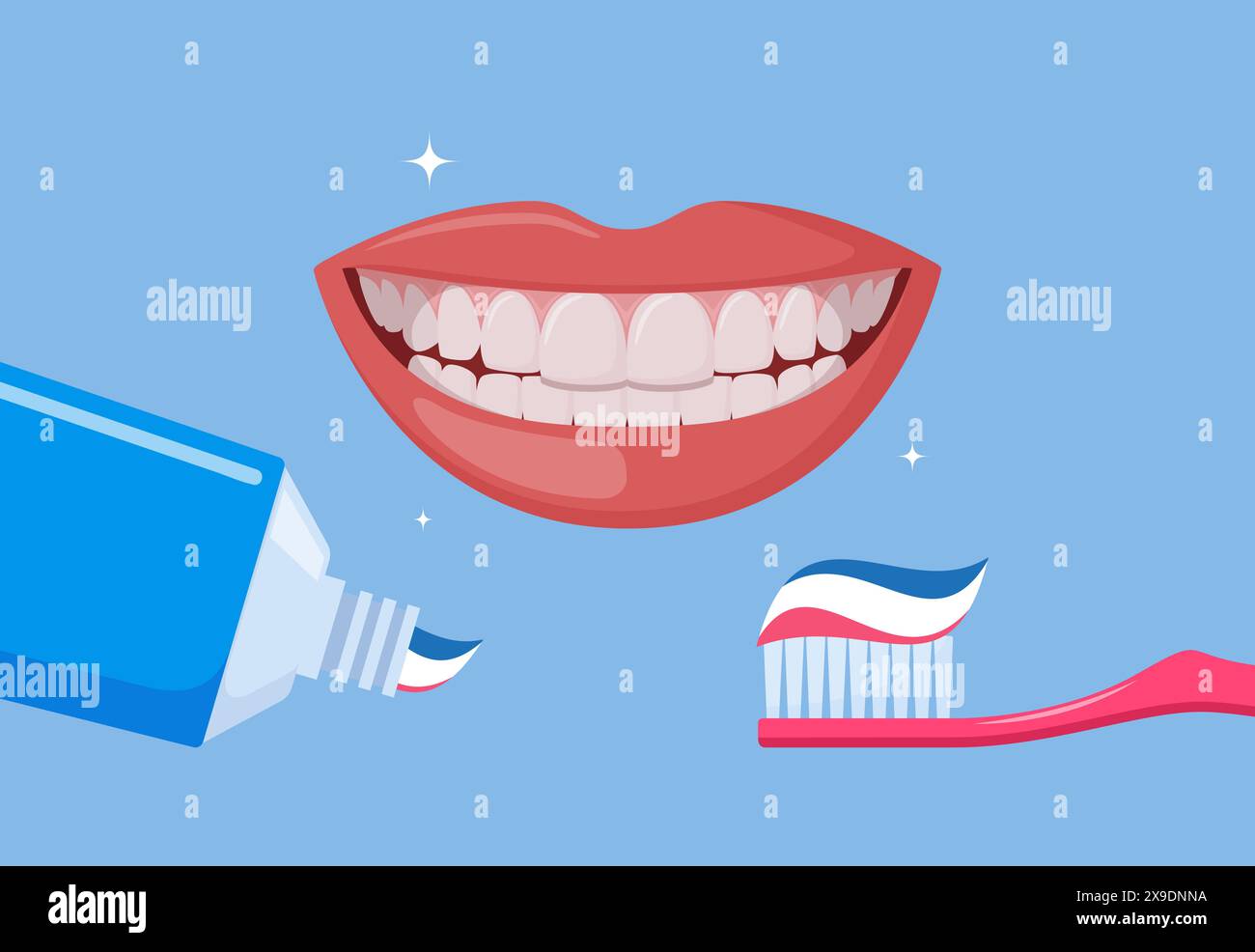 Toothbrush with paste and tube of toothpaste. Beautiful smiling mouth ...