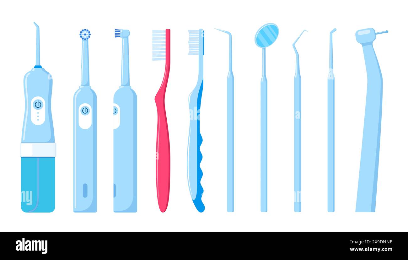 Dental cleaning tools. Set of toothbrushes, irrigator, tools for ...