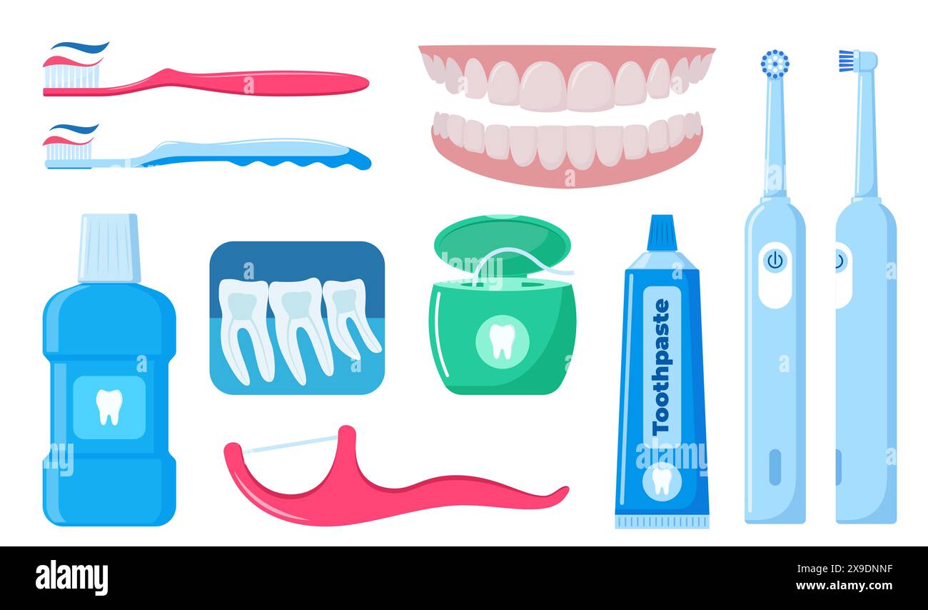 Dental cleaning tools. Oral care and hygiene products. Toothbrush ...