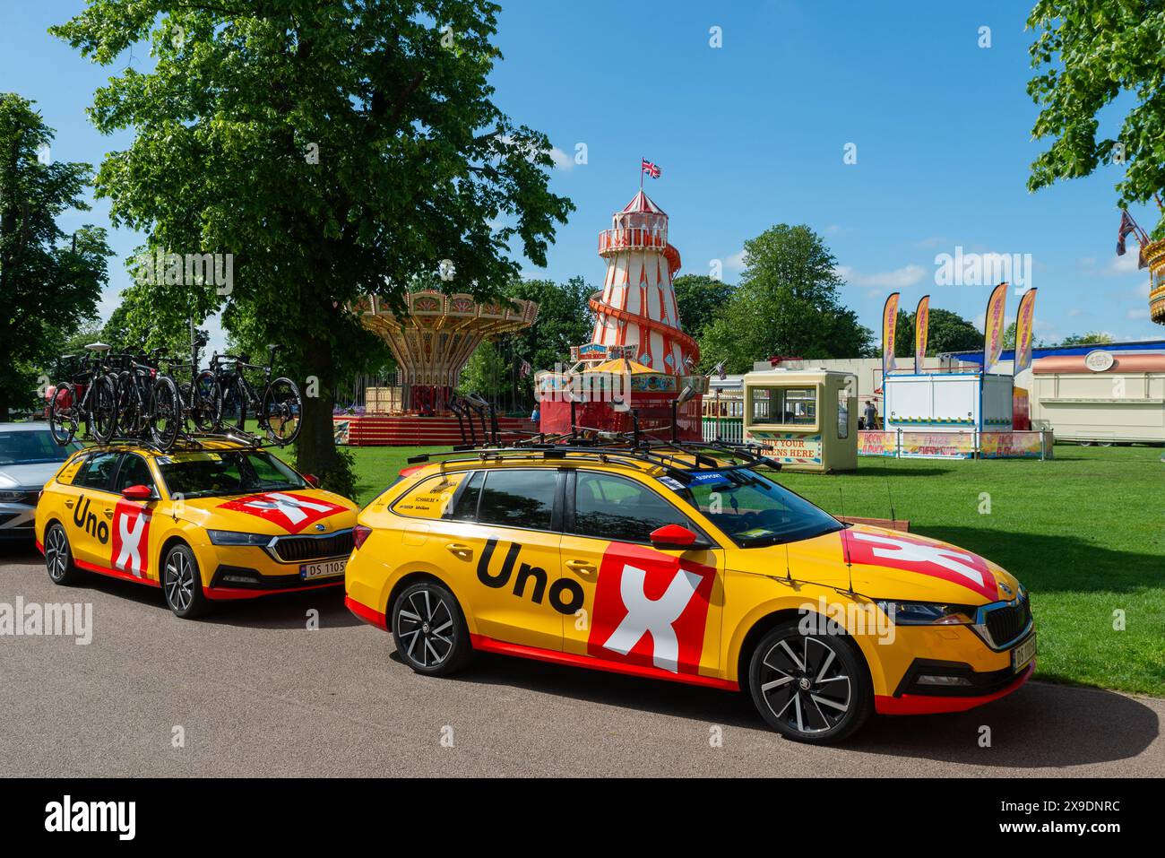 Uno X team support car in Promenade Park, Maldon, Essex, UK for stage 2 ...