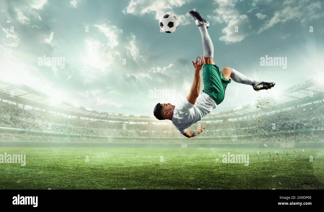 Dynamic cinematic shot of professional soccer athlete in action on ...