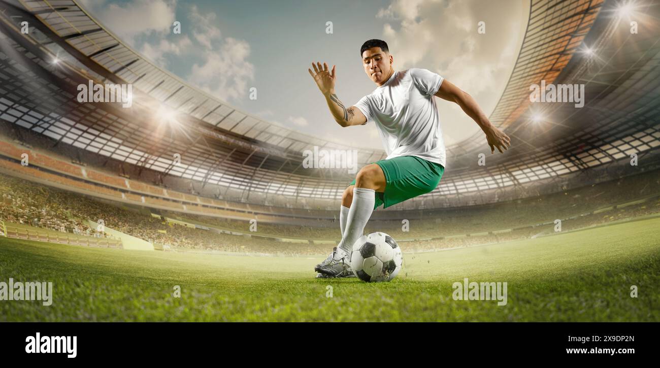Football world championship. Soccer player running in motion to kicks ...