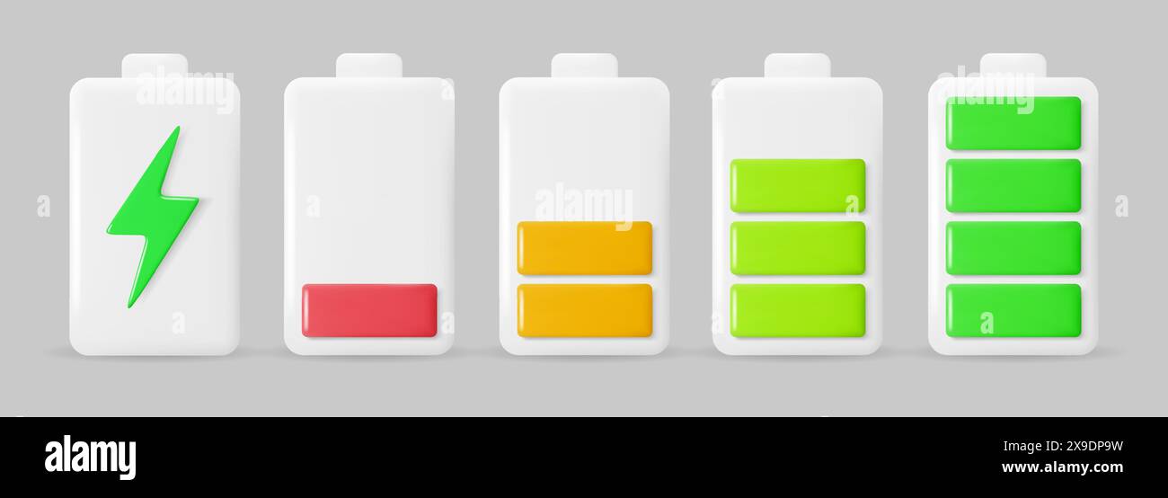 Set of 3D battery charge indicators with charge levels. Energy power ...