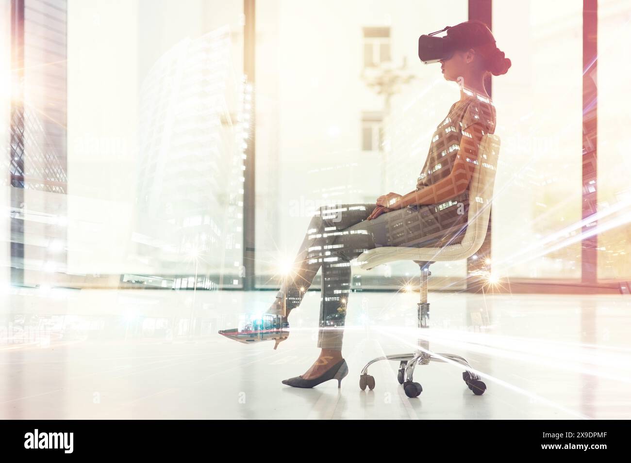 Augmented reality, businesswoman and building with overlay for VR ...