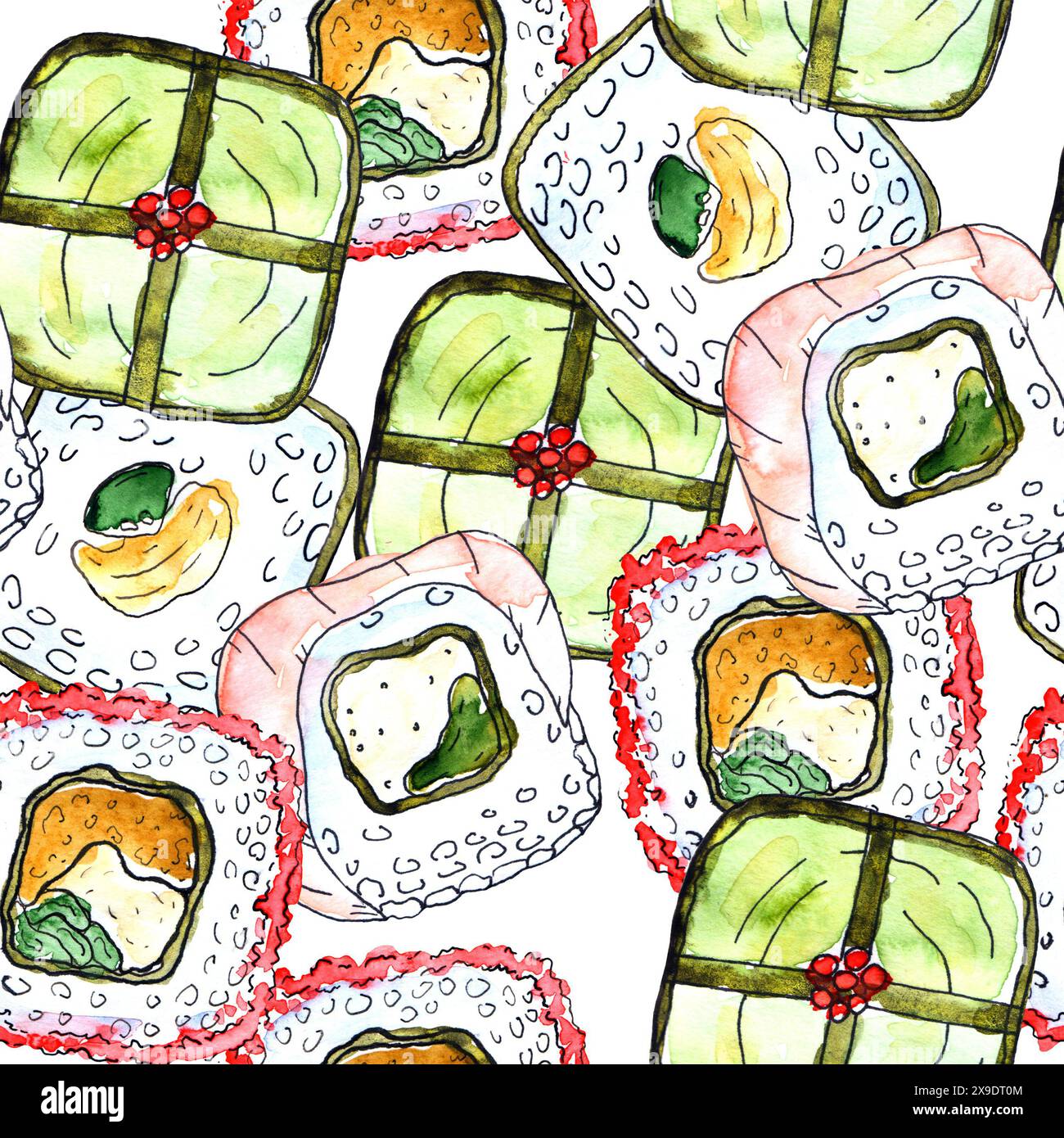 Japanese food sushi diagonal pattern watercolor on white background ...