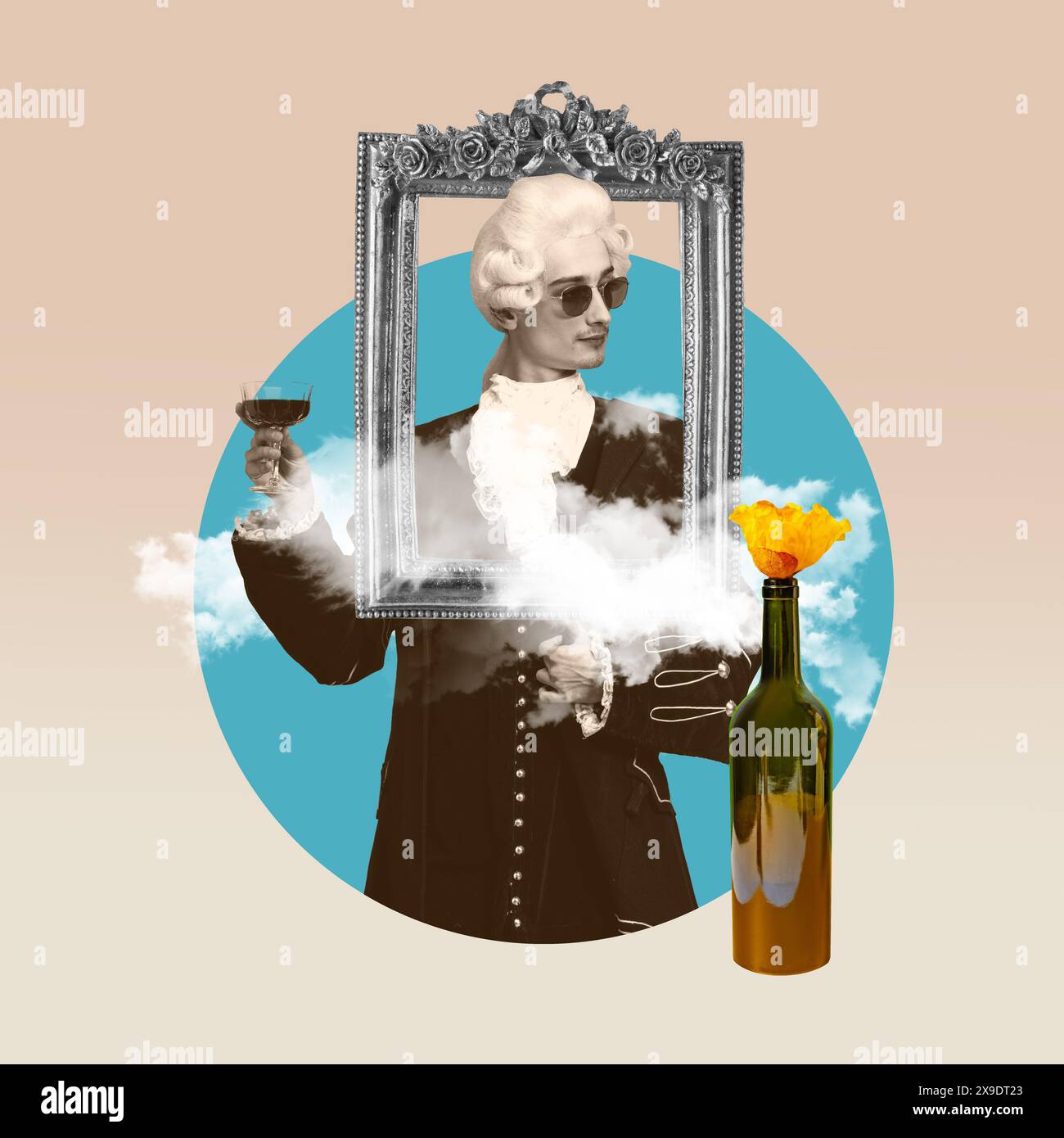 Young man in image of famous composer drinking wine, standing with ...
