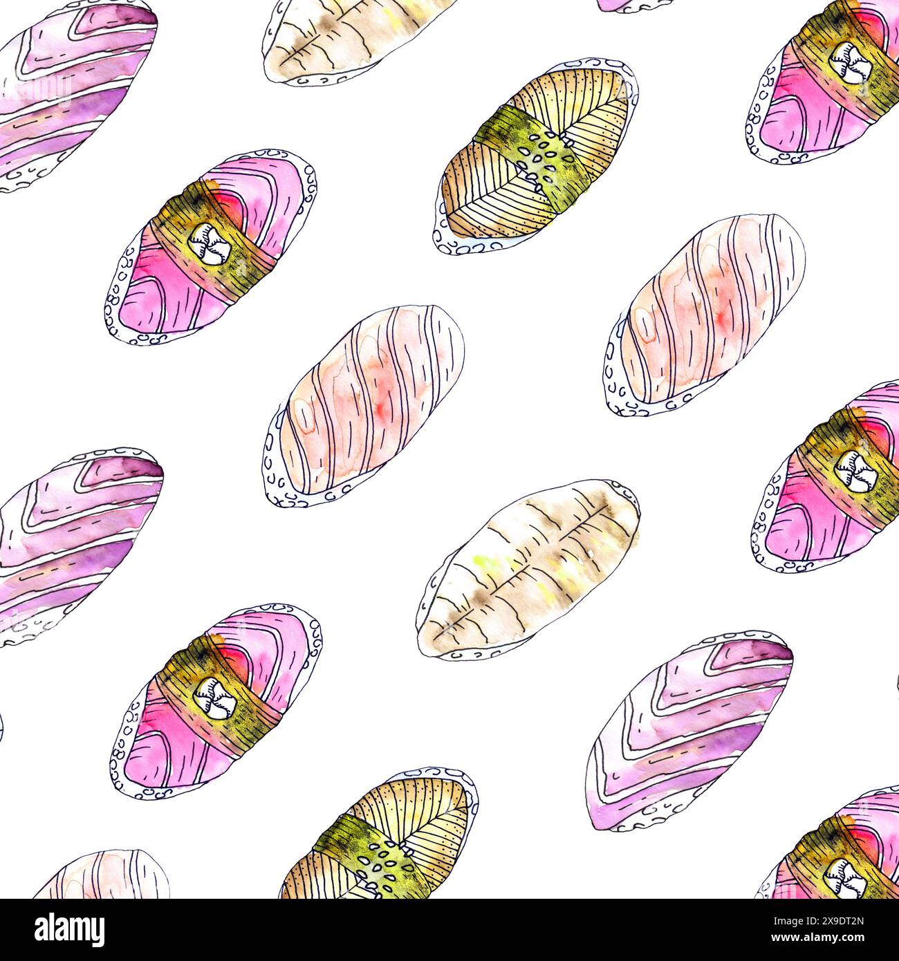 Japanese food sushi diagonal pattern watercolor on white background ...