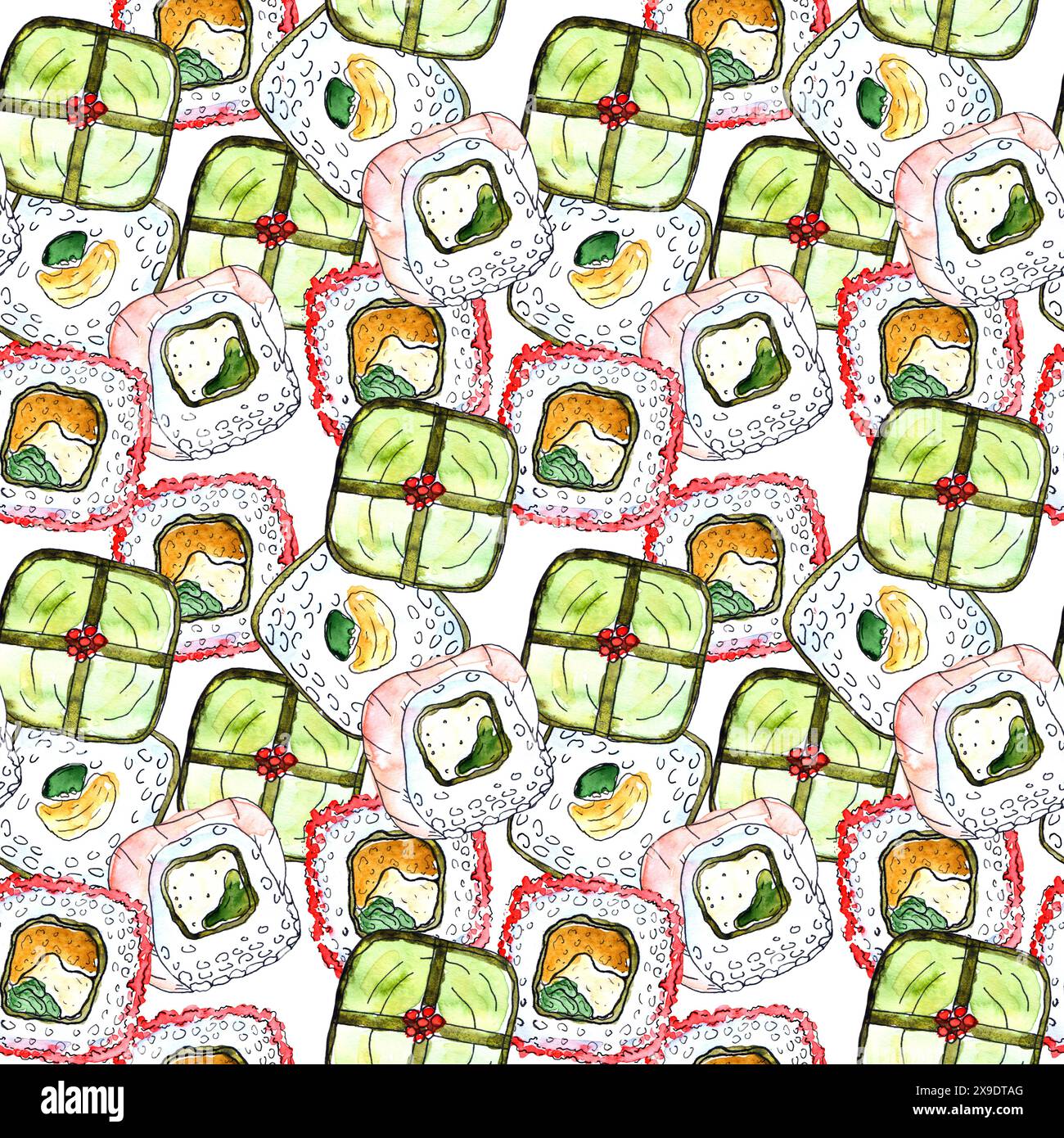 Japanese food sushi diagonal pattern watercolor on white background ...