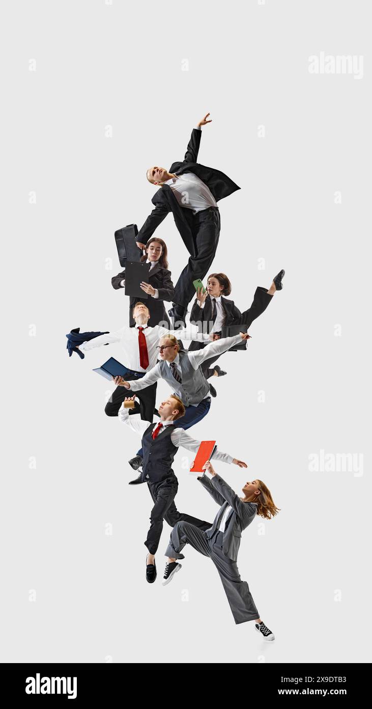Creative collage. Group of business professionals in dynamic mid-air ...
