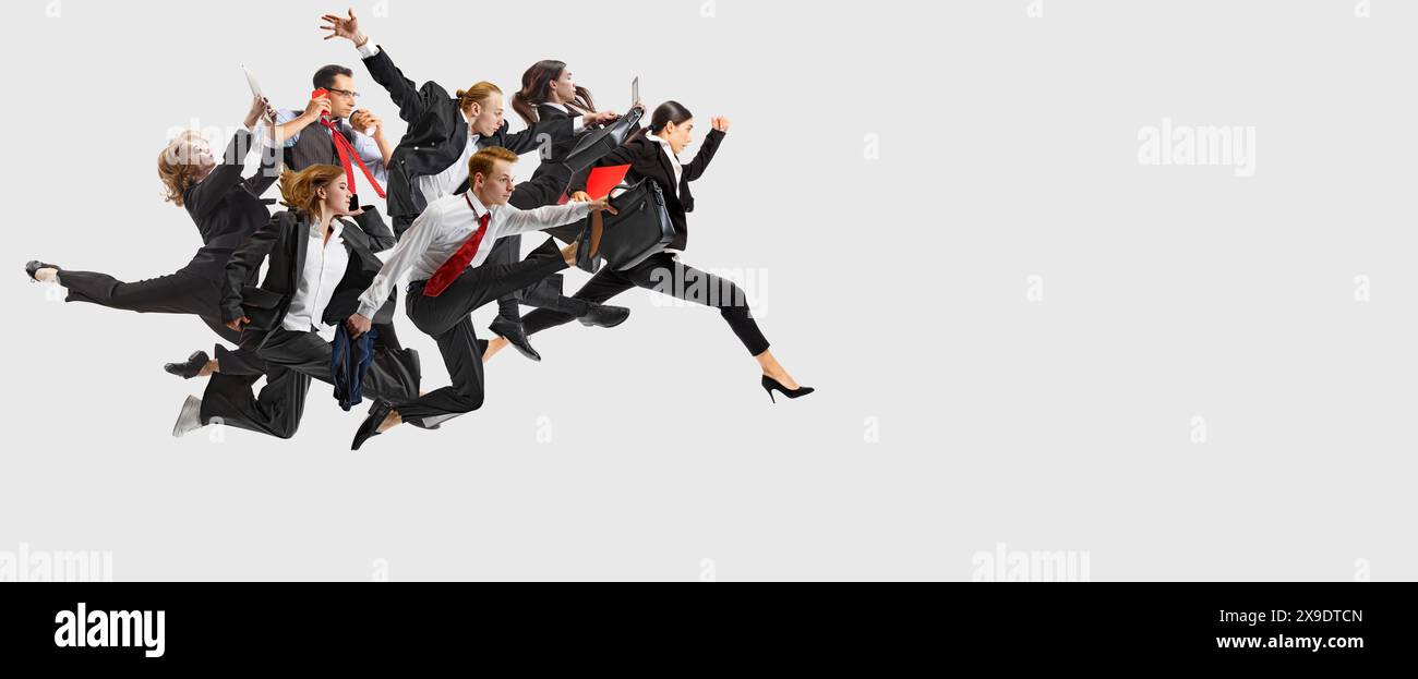 Dynamic collage. Group of office workers wearing formal attire holding ...