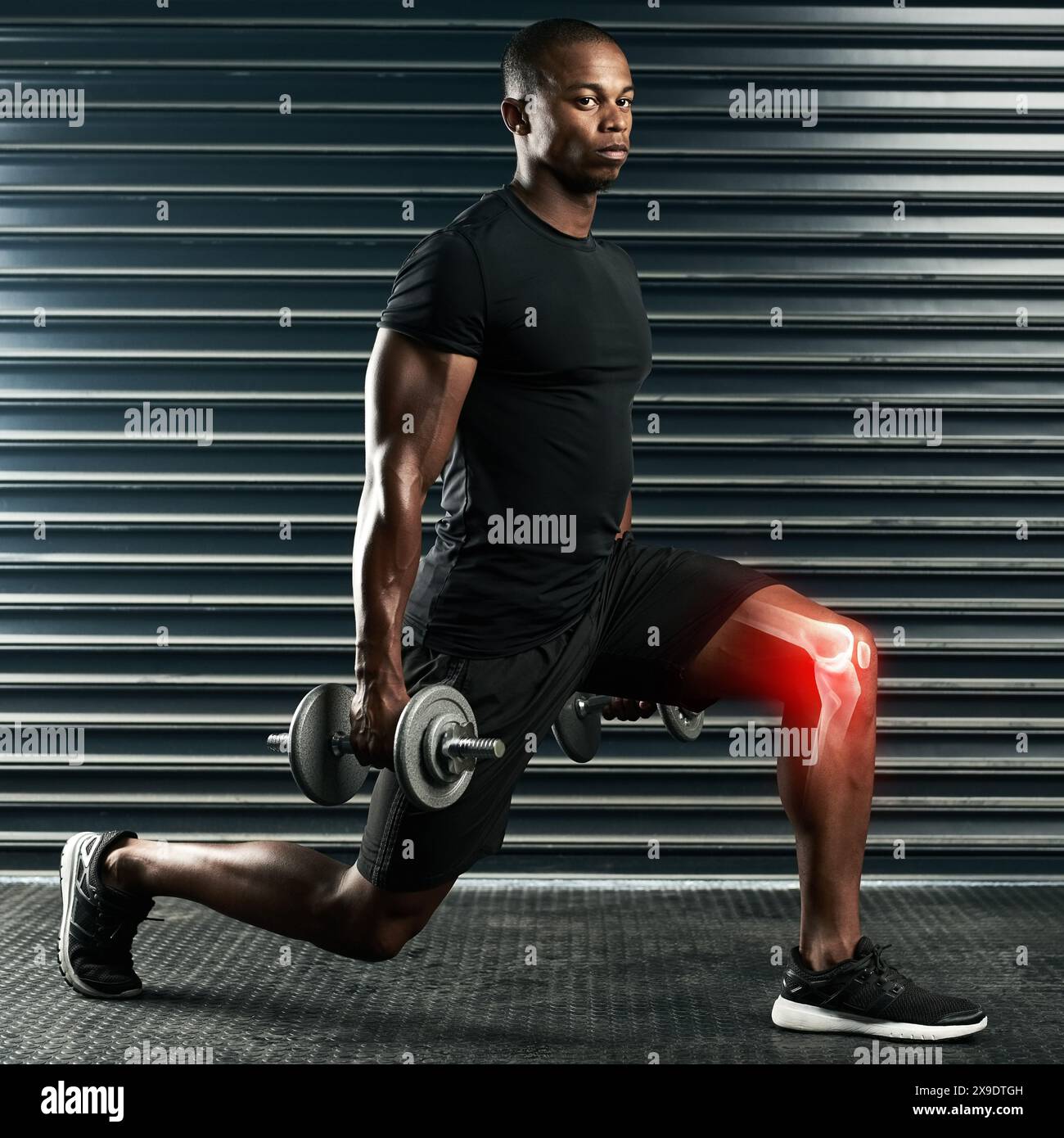 Fitness, portrait and black man with dumbbell for leg workout, knee ...