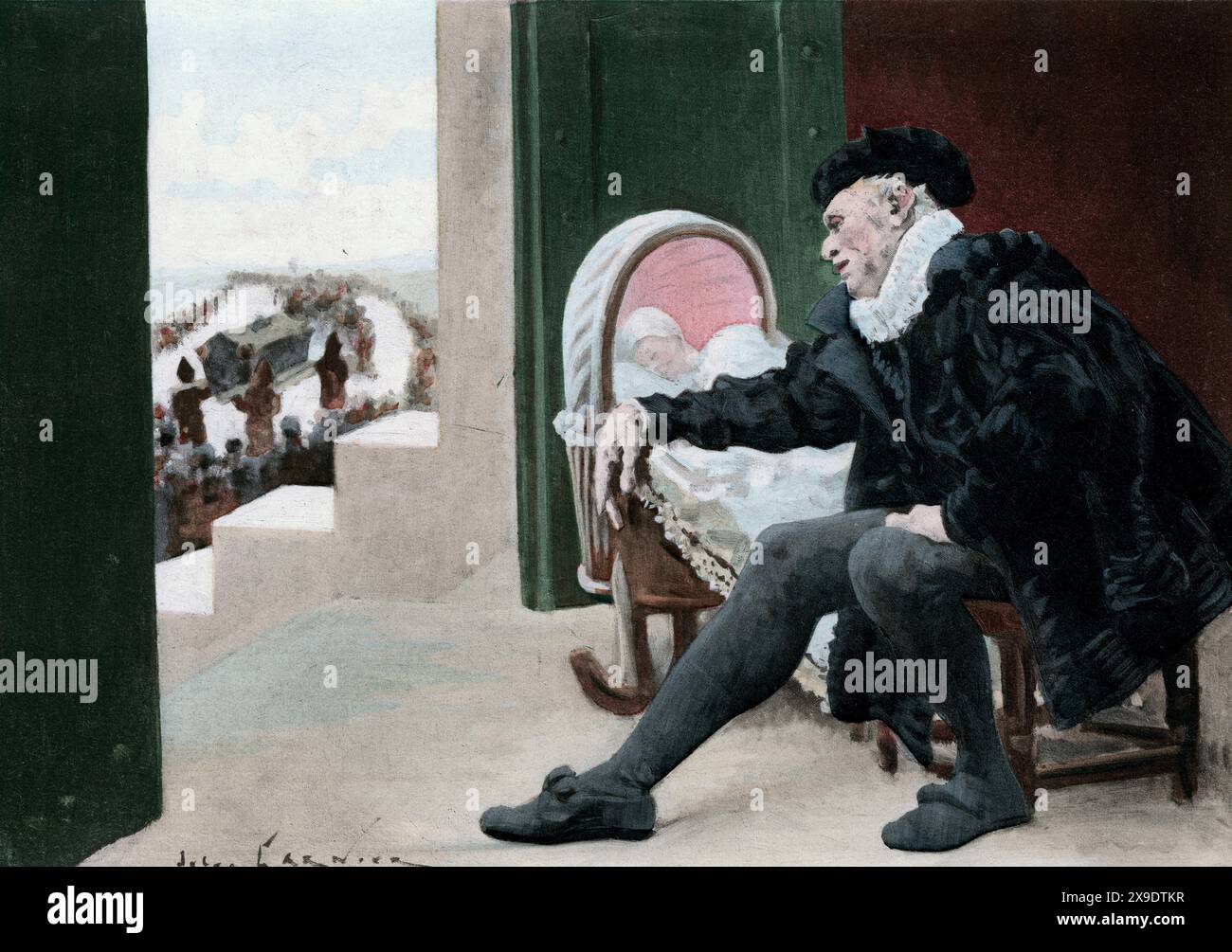 Father by a baby in a crib, scene from Francois Rabelais's Gargantua ...