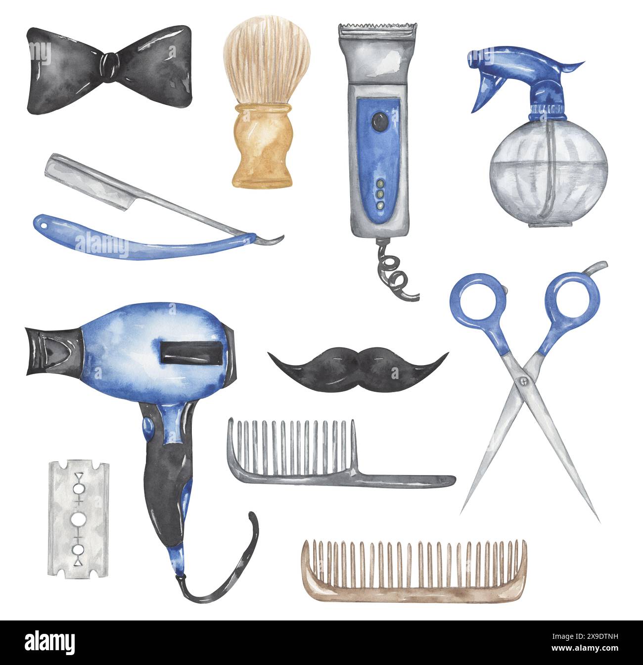 Watercolor barber elements clipart set, barber blade, scissors, brush ...