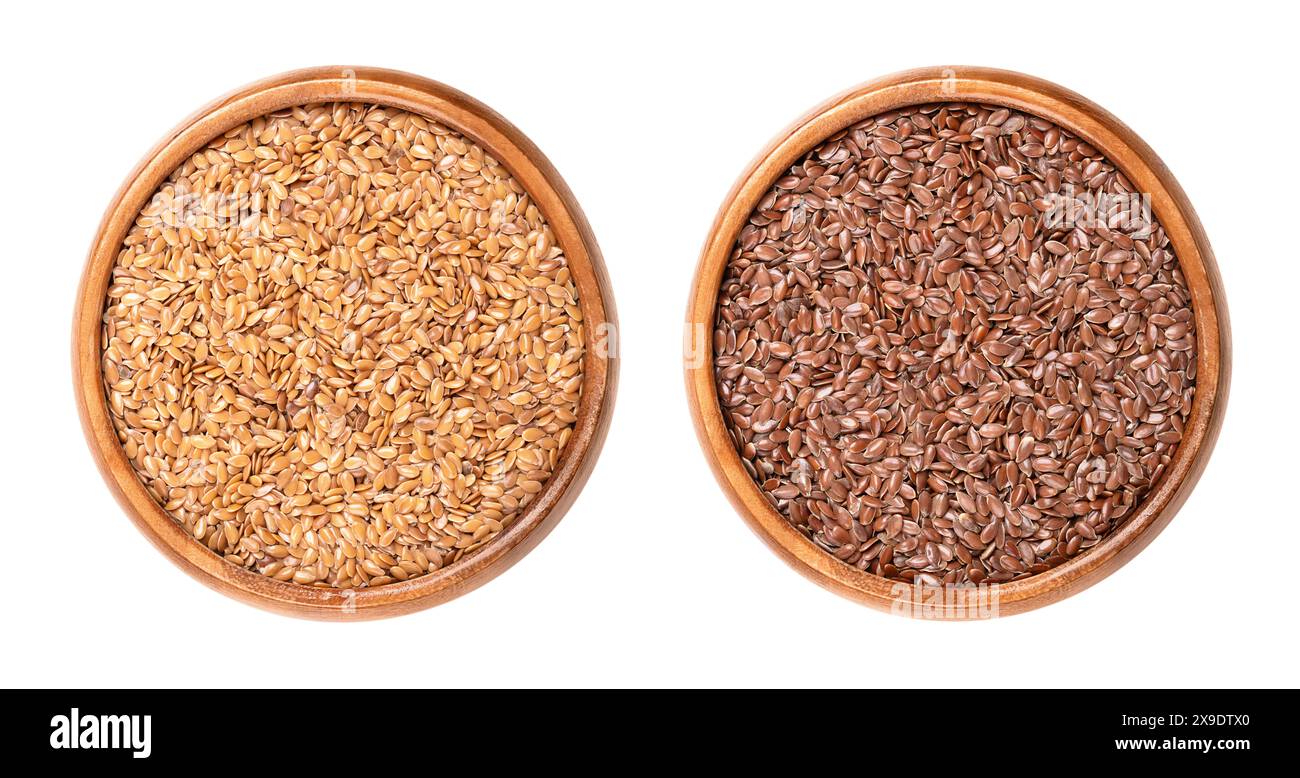Golden and brown flax seeds in wooden bowls. Whole common flax or ...