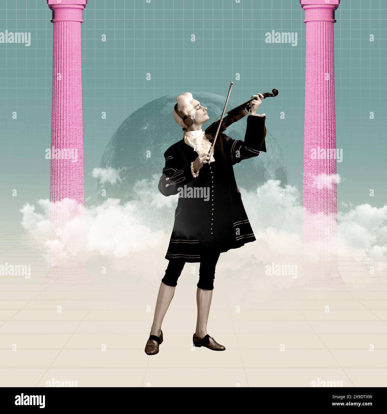 Man, famous composer in headphones player violin on abstract background ...